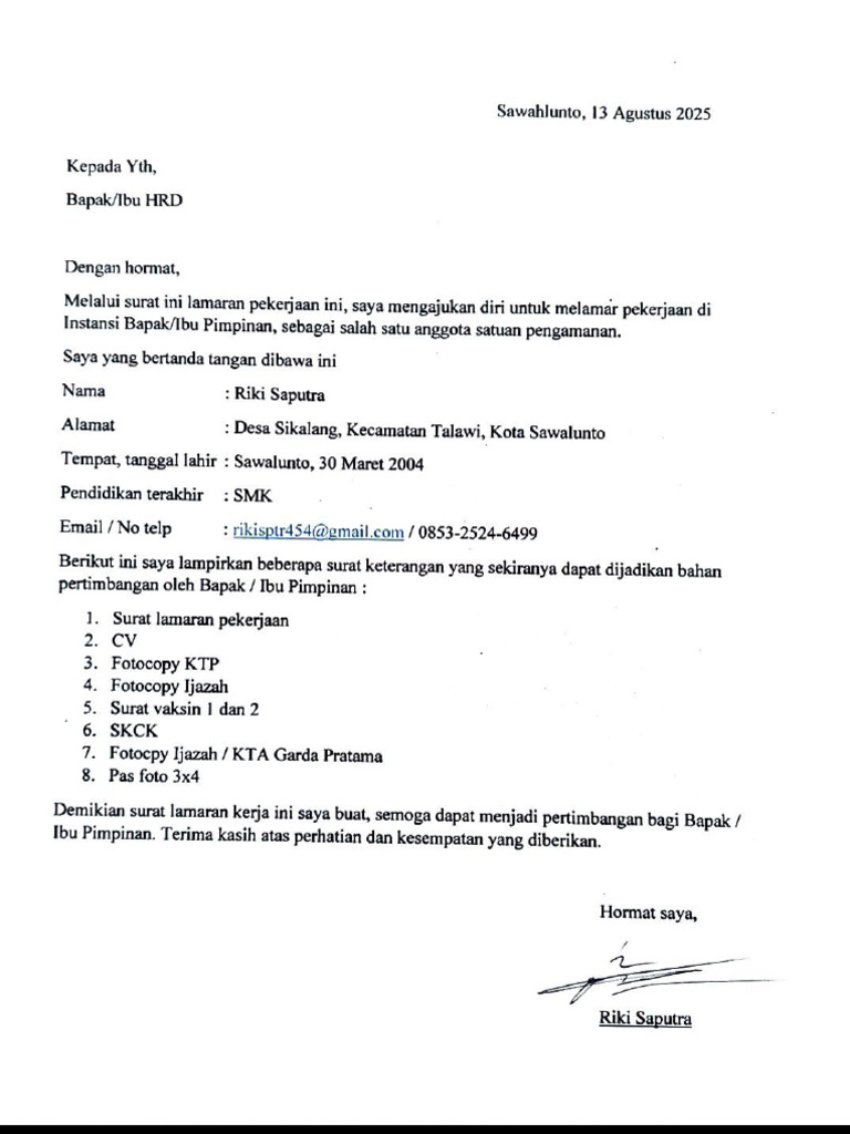 Lamaran Satpam Riki Saputra | PDF