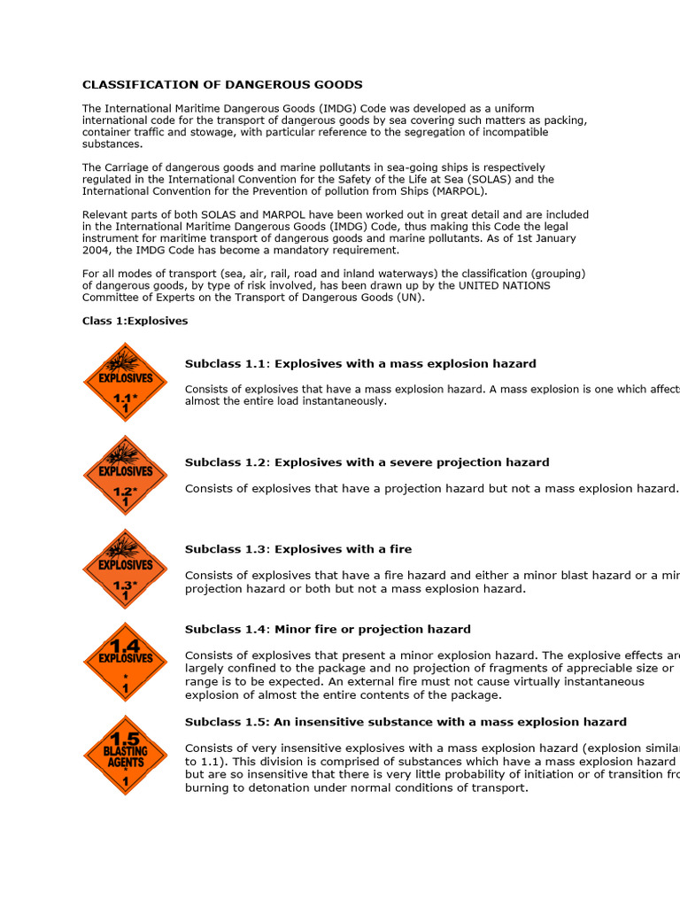 IMDG Code Dangerous Goods Classification | PDF | Dangerous Goods ...