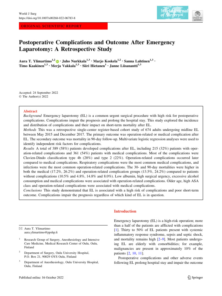 Emergency Laparotomy Complications Study | PDF | Surgery | Sepsis