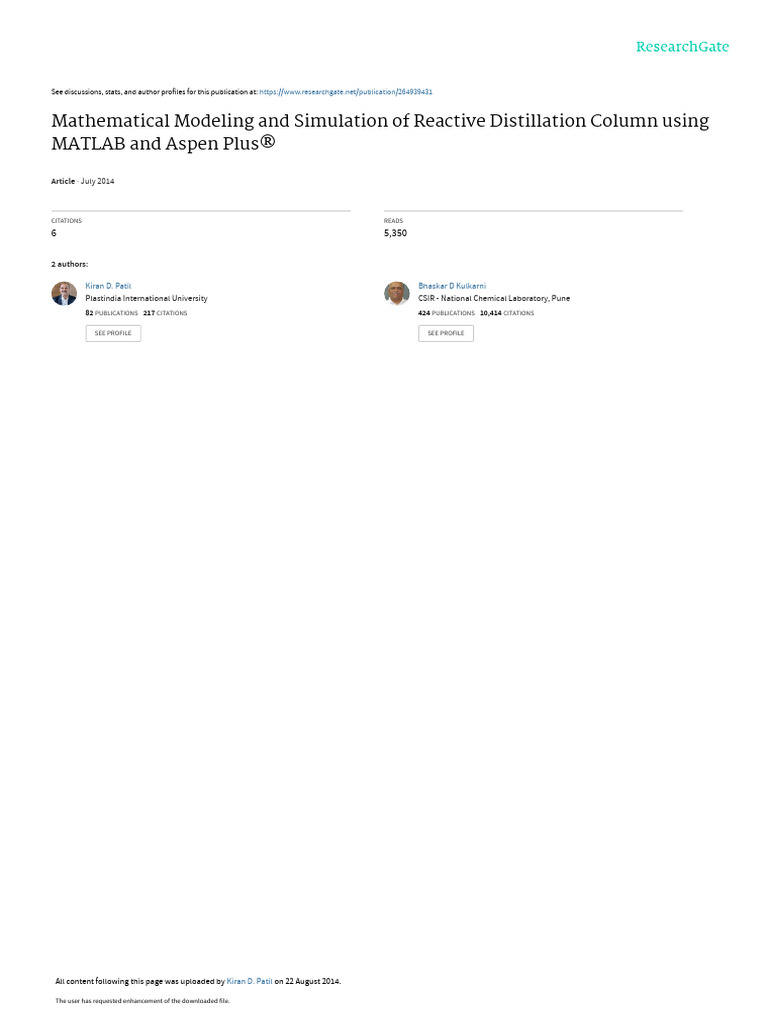 Mathematical Modeling and Simulation of Reactive Distillation Column Using MATLAB and Aspen Plus ...