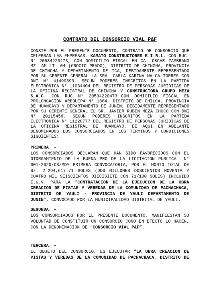 Contrato de Consorcio Vial P&F Final | PDF | Bancos | Cheque