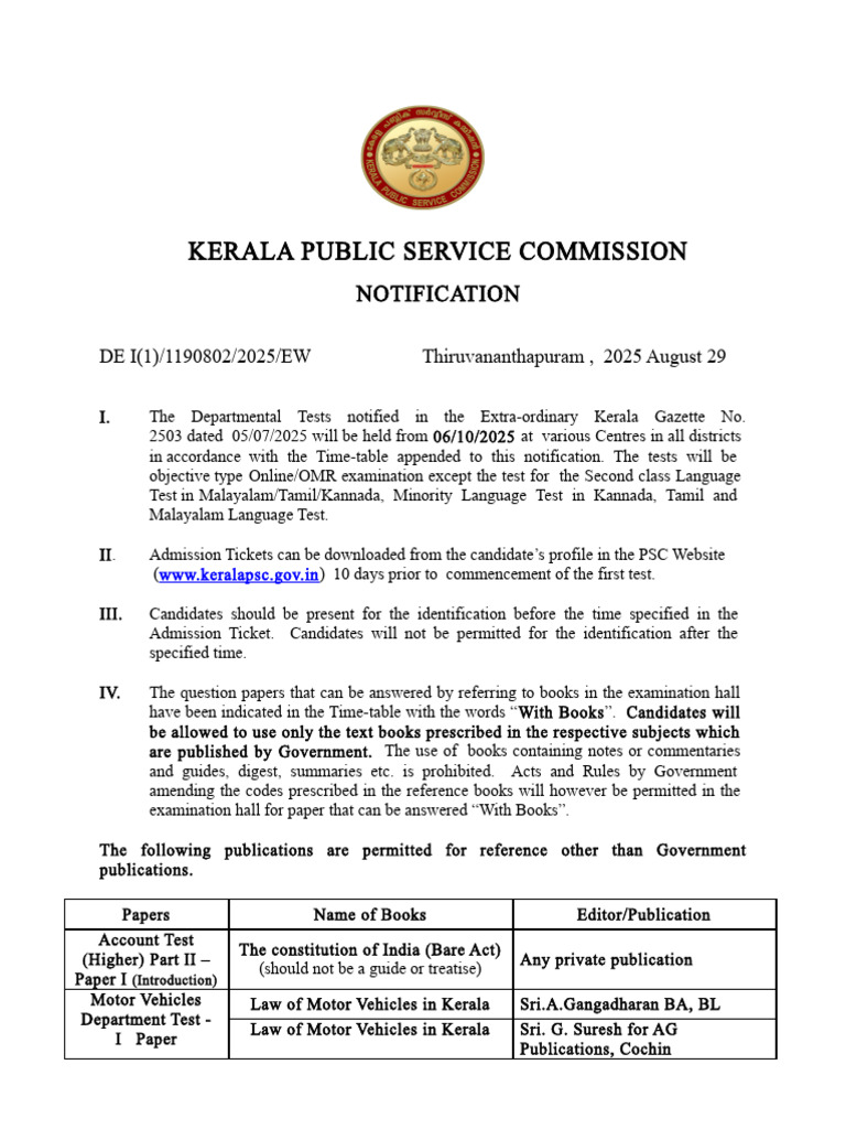 Kerala PSC Departmental Test Notification | PDF | Identity Document ...