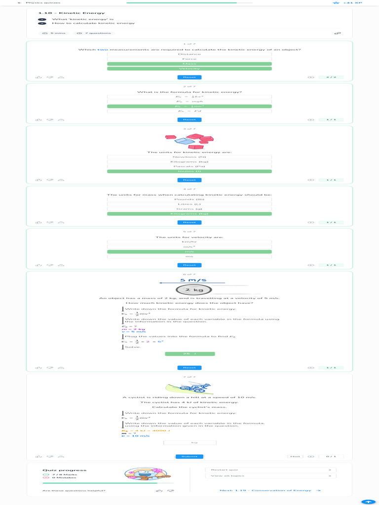Kinetic Energy Quiz GCSE Physics Edexcel Higher Triple Cognito | PDF ...