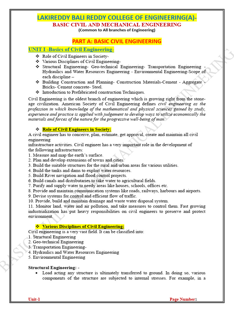BCME-Unit-1 - Study Material | PDF | Concrete | Cement