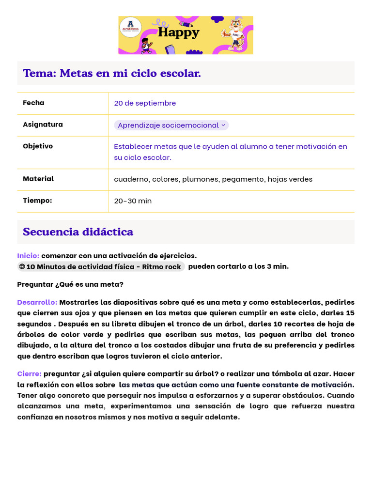 Planeacion 1 Metas en Mi Ciclo Happy | PDF