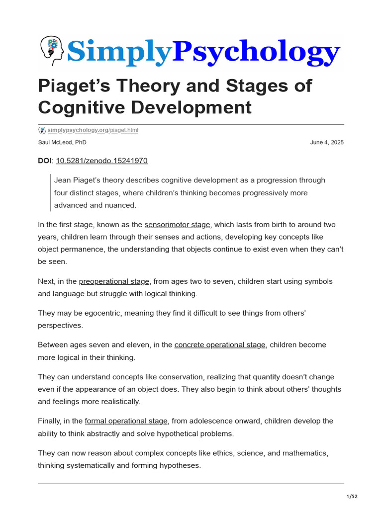 Piaget's Stages of Cognitive Development | PDF | Schema (Psychology ...