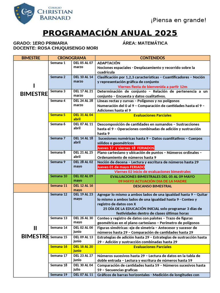 Programación Matemática 1° Primaria 2025 | PDF | Matemáticas