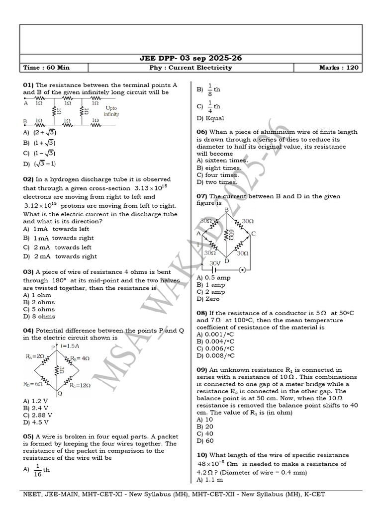 Jee Physics DPP Paper | PDF | Electric Current | Resistor