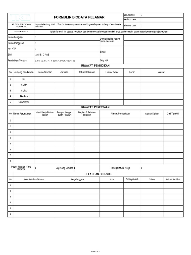 Formulir Biodata Pelamar Kerja | PDF