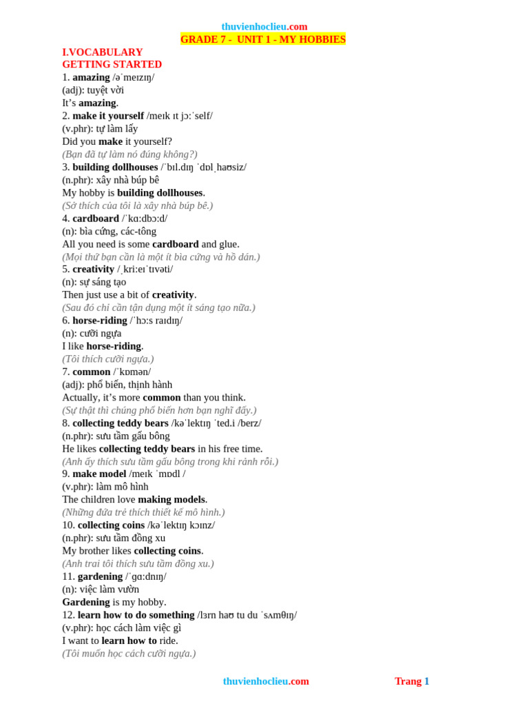 Unit 1 My Hobbies | PDF