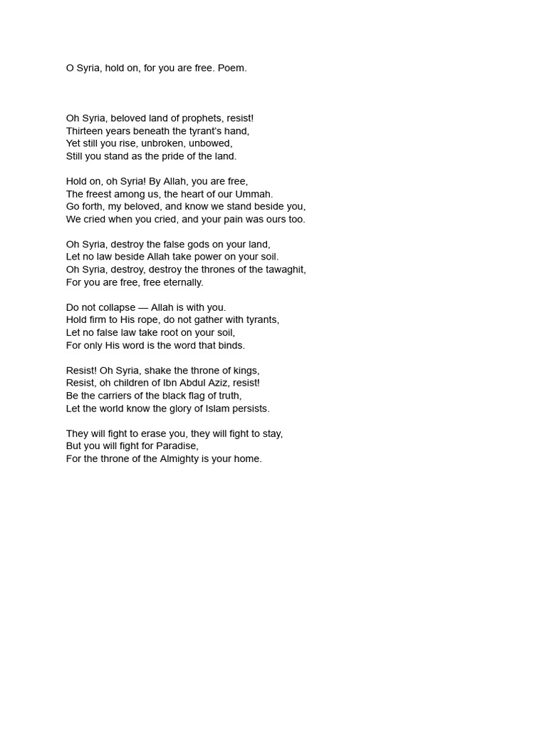 O Syria, Hold On, For You Are Free. Poem. | PDF