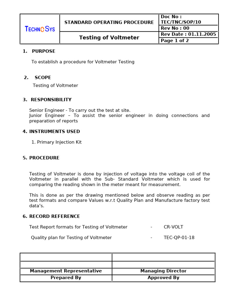 Voltmeter Testing SOP Guide | PDF