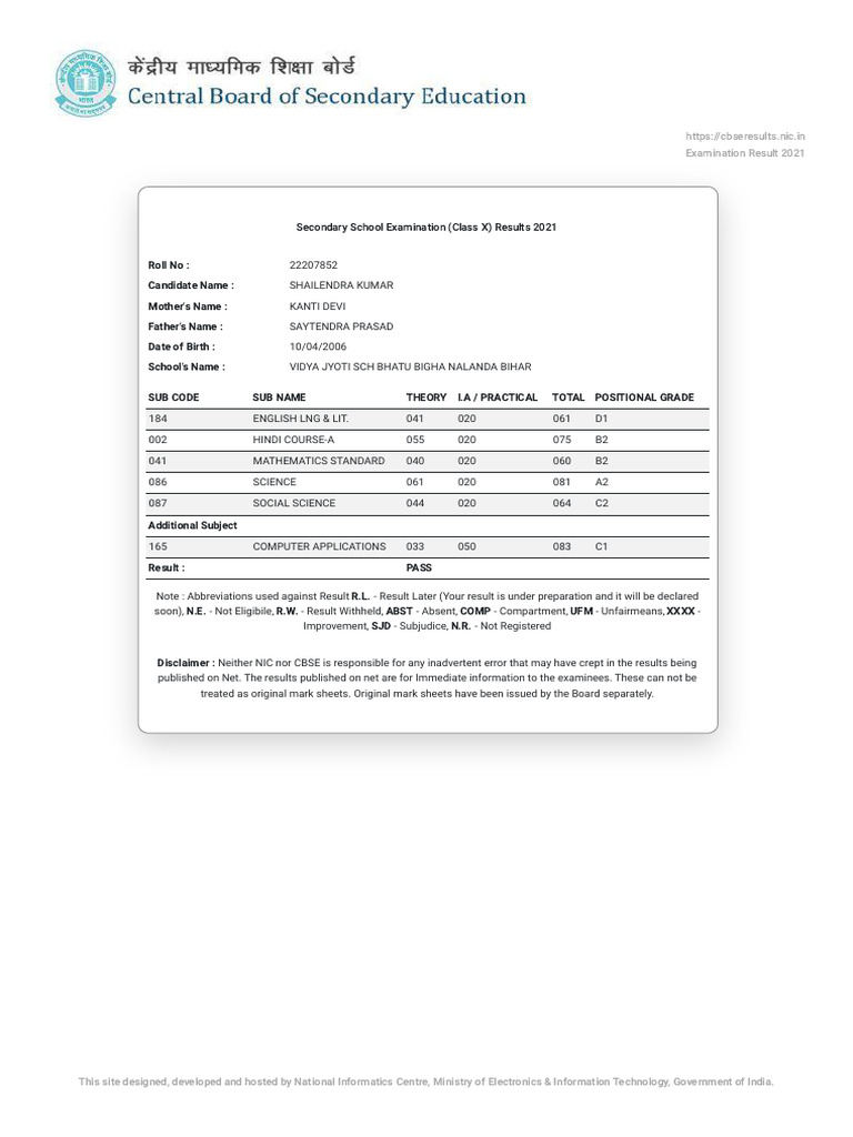 CBSE Class X Results 2021 for Shailendra | PDF | Government Of India ...