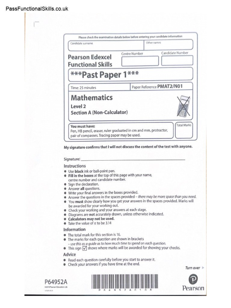 Edexcel Functional Skills Maths Level 2 Past Paper 1 | PDF | Multiple Choice | Evaluation Methods