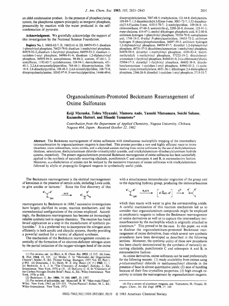 Yamamoto Et Al 2002 Organoaluminum Promoted Beckmann Rearrangement of ...