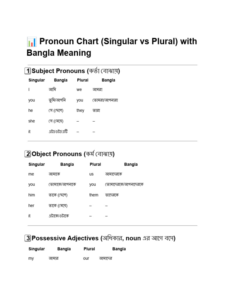 Pronoun Chart With Bangla Meaning | PDF
