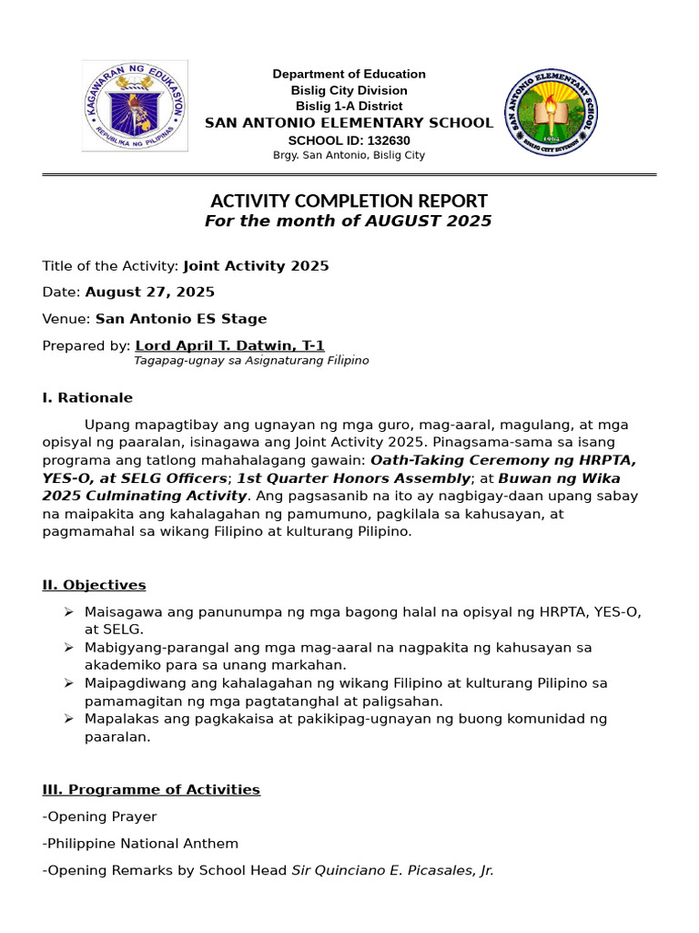 Activity Completion Report - August Oic | PDF