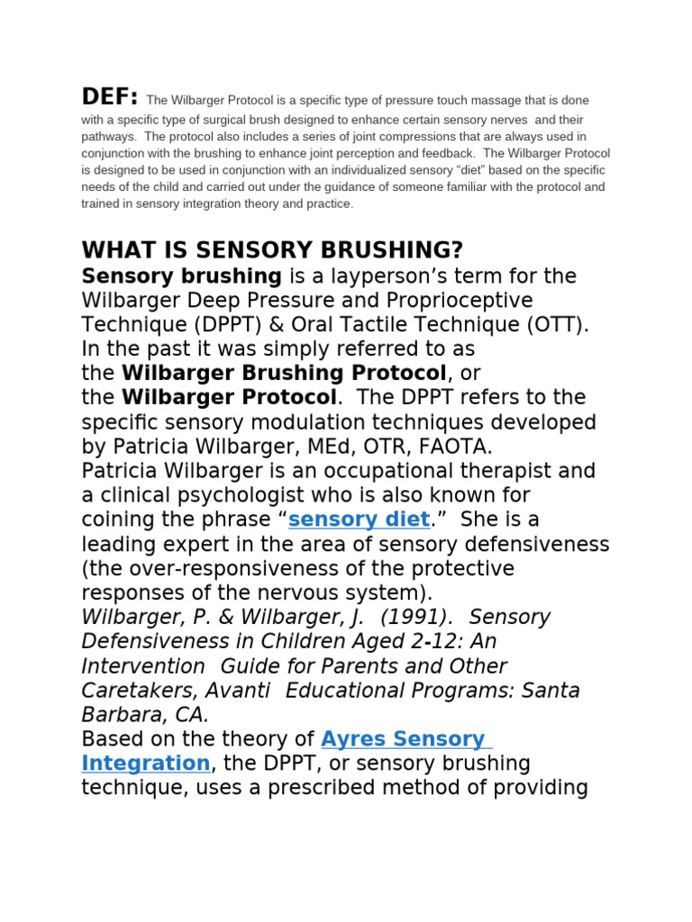 Wilbarger Brushing Protocol Overview | PDF | Sensory Processing ...