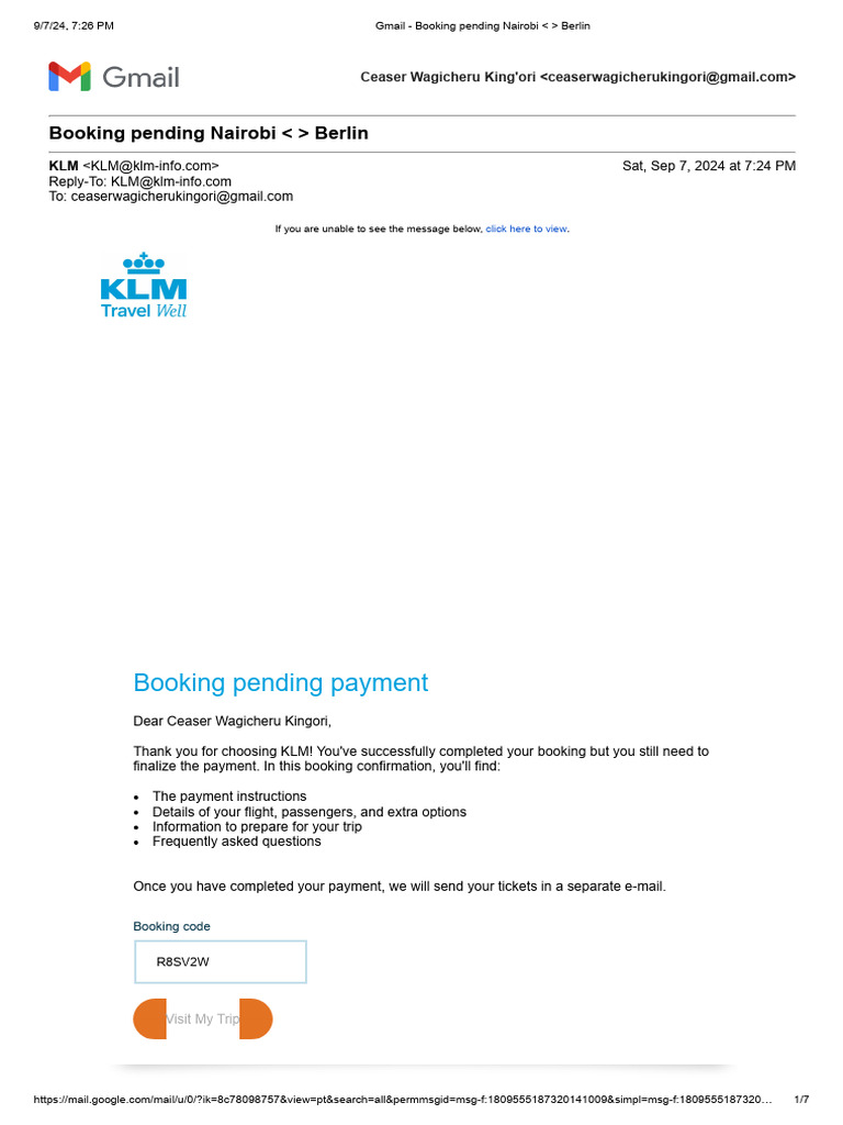 KLM Booking Confirmation: Payment Pending | PDF | Fee | Business Class