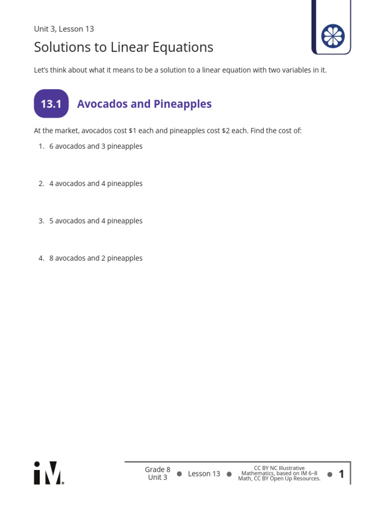 Solutions to Linear Equations in Context | PDF | Equations | Variable ...