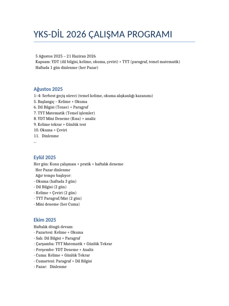 YKS-DIL 2026 Calisma Programi | PDF