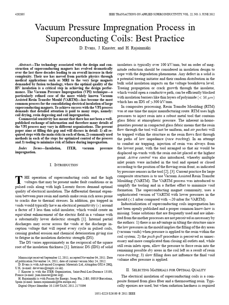 VPI Process in Superconducting Coils, Best Practice. Evans, Knaster and Rajainmaki, 2012 | PDF ...