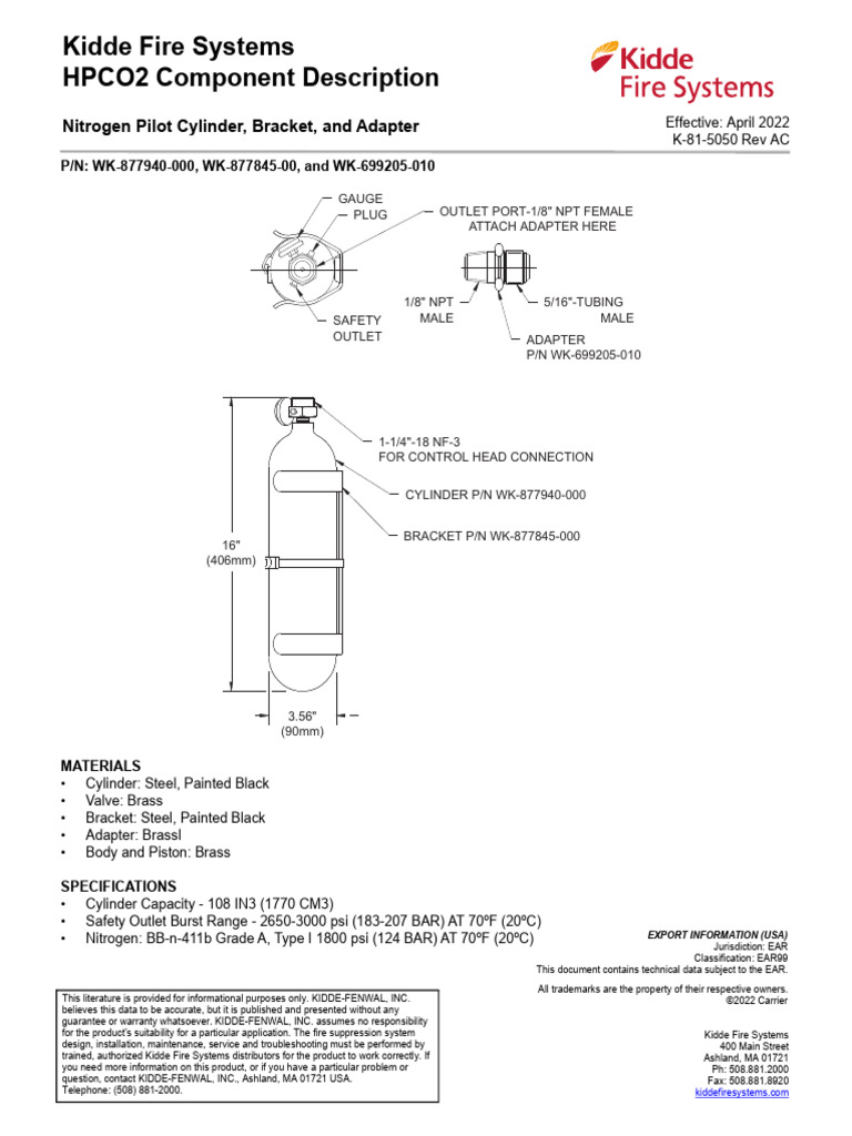 474 a 475 Kidde HPCO2 Nitrogen Pilot Cylinder-Bracket-And Adapter K-81 ...