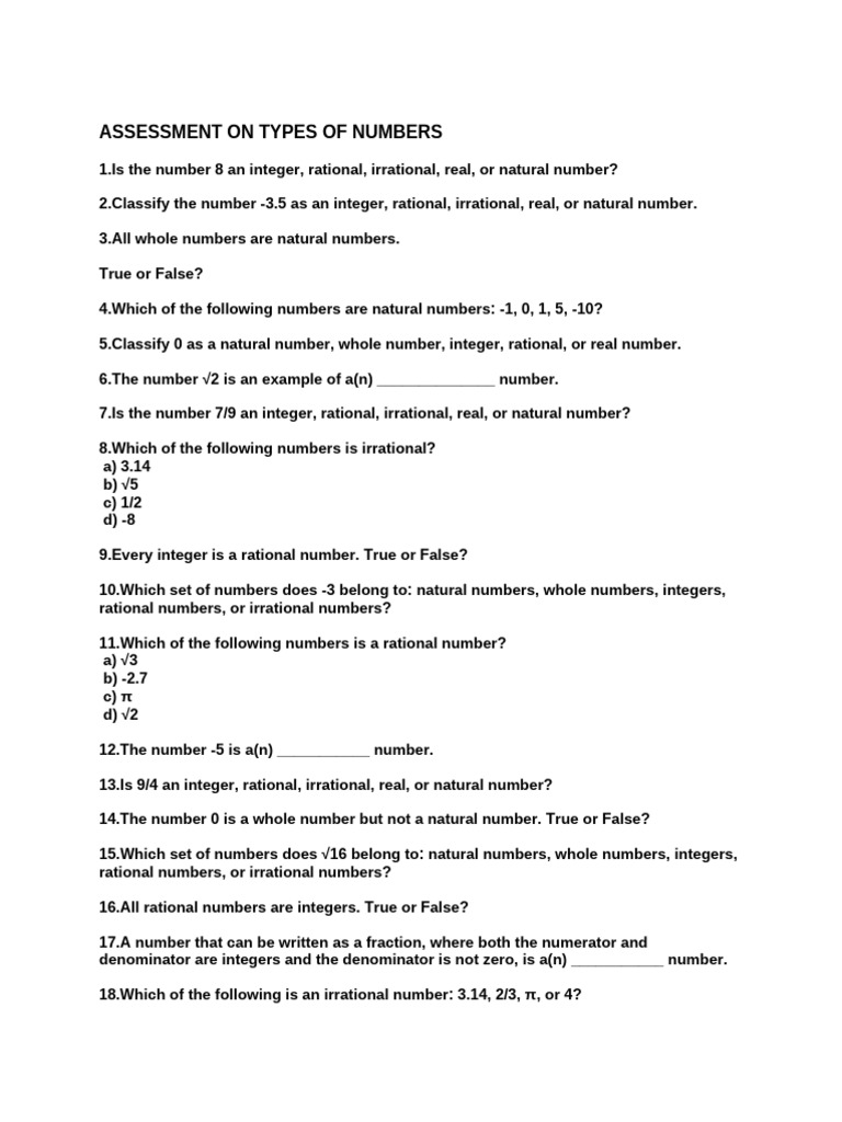 Types of Numbers Assessment Quiz | PDF