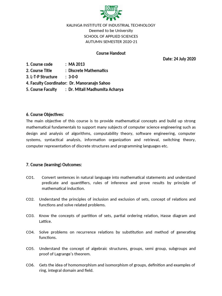 Course Handout MA 2013 | PDF | Group (Mathematics) | Function (Mathematics)