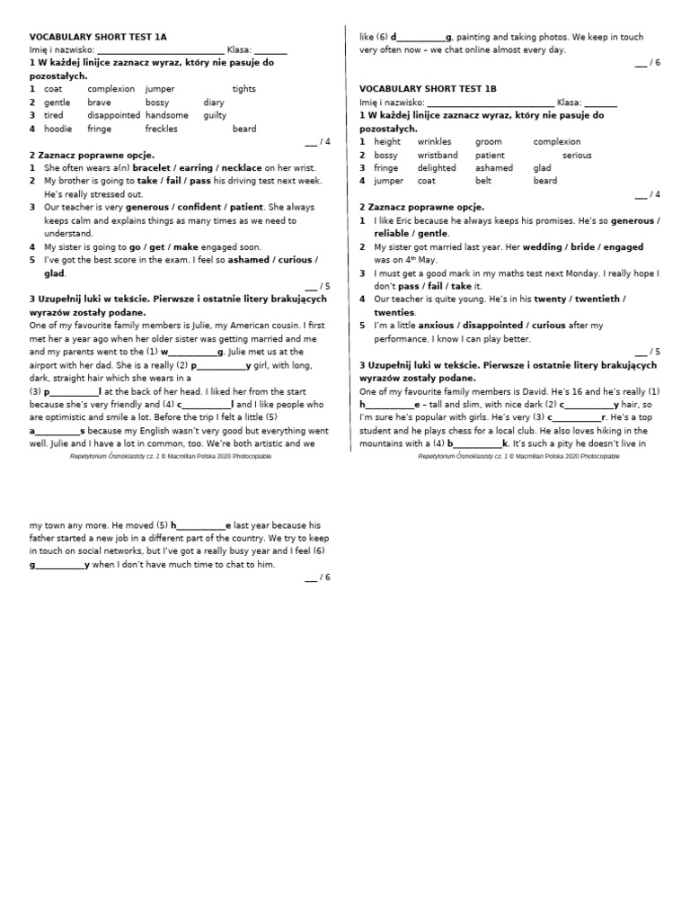 Vocabulary Short Test 1A & 1B | PDF
