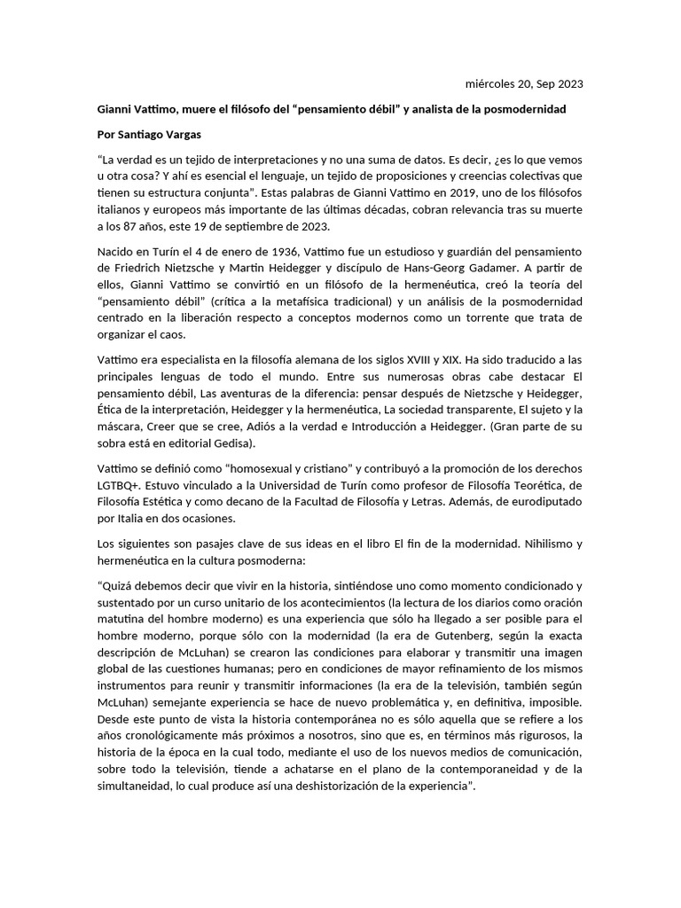 Gianni Vattimo - Pensamiento Débil | PDF | Gianni Vattimo | Martin ...
