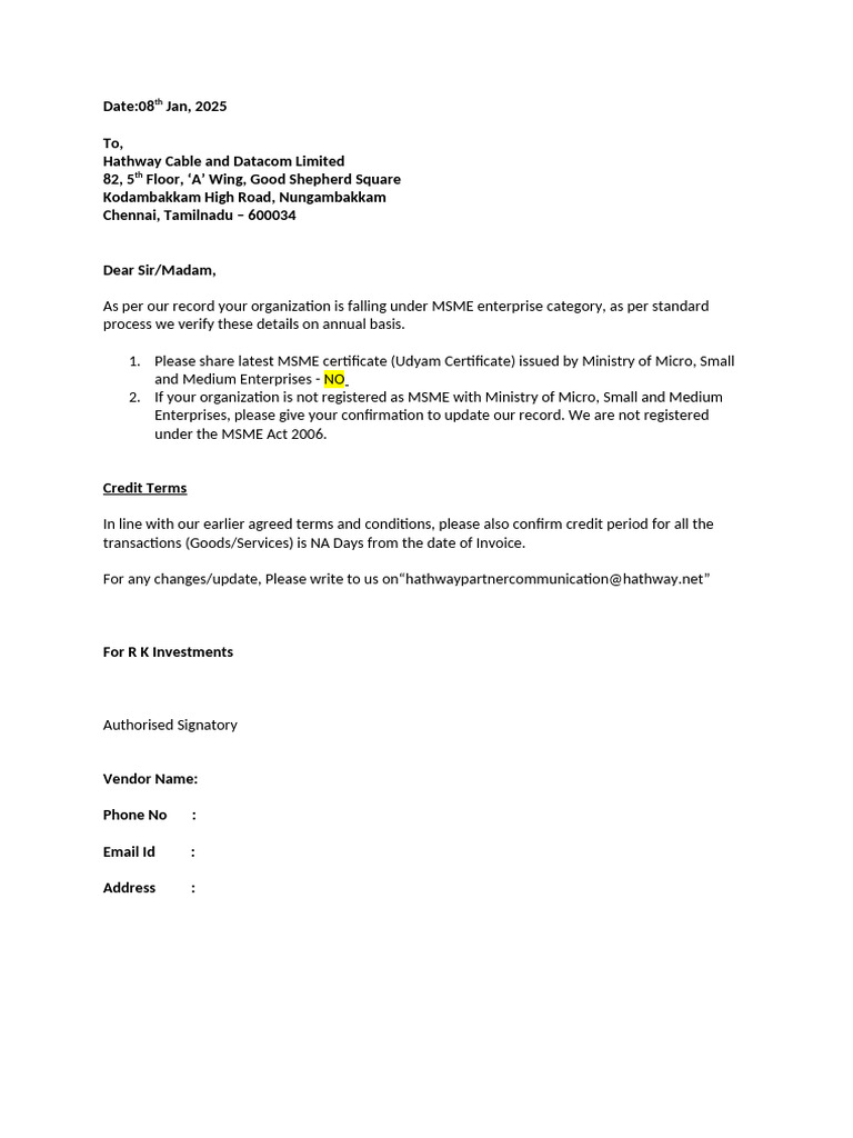 MSME Declaration - Sample File | PDF