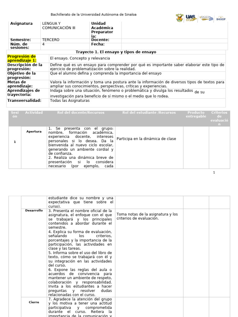 Planeación Lyc III Trayecto 1 | PDF | Ensayos | Evaluación