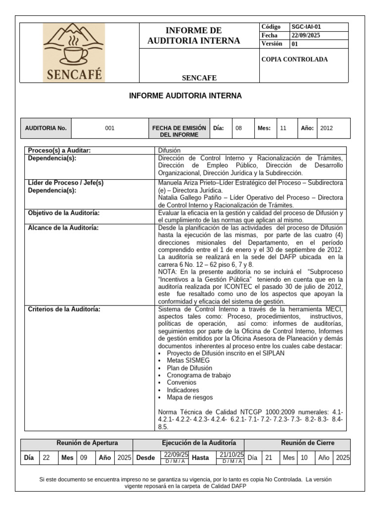 Informe Auditoría Combinada - Proceso Difusión 08-11-2012 | PDF ...