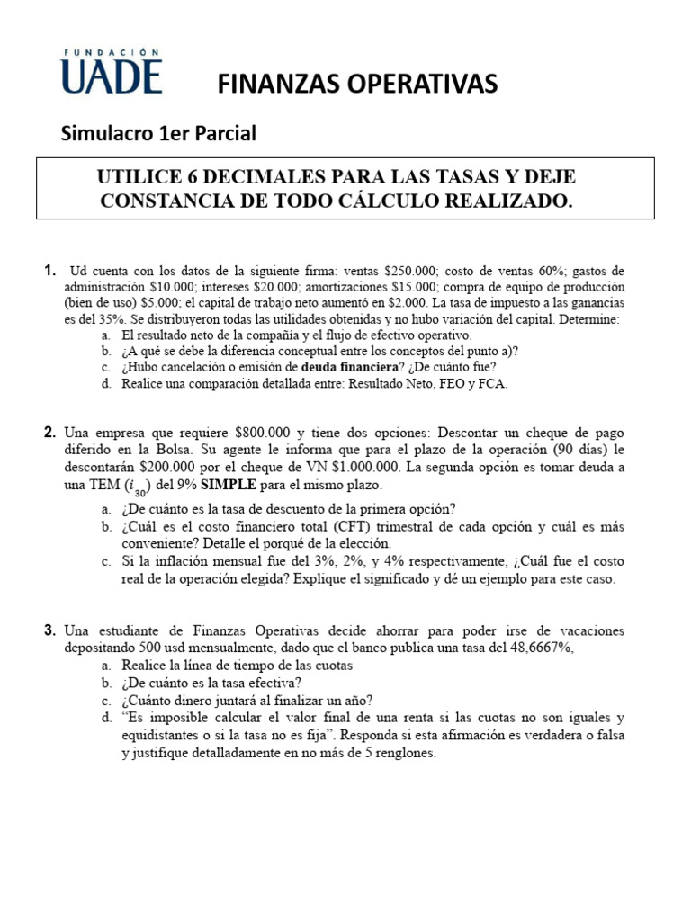 Finanzas Operativas: Simulacro 1er Parcial | PDF | Interés | Deuda