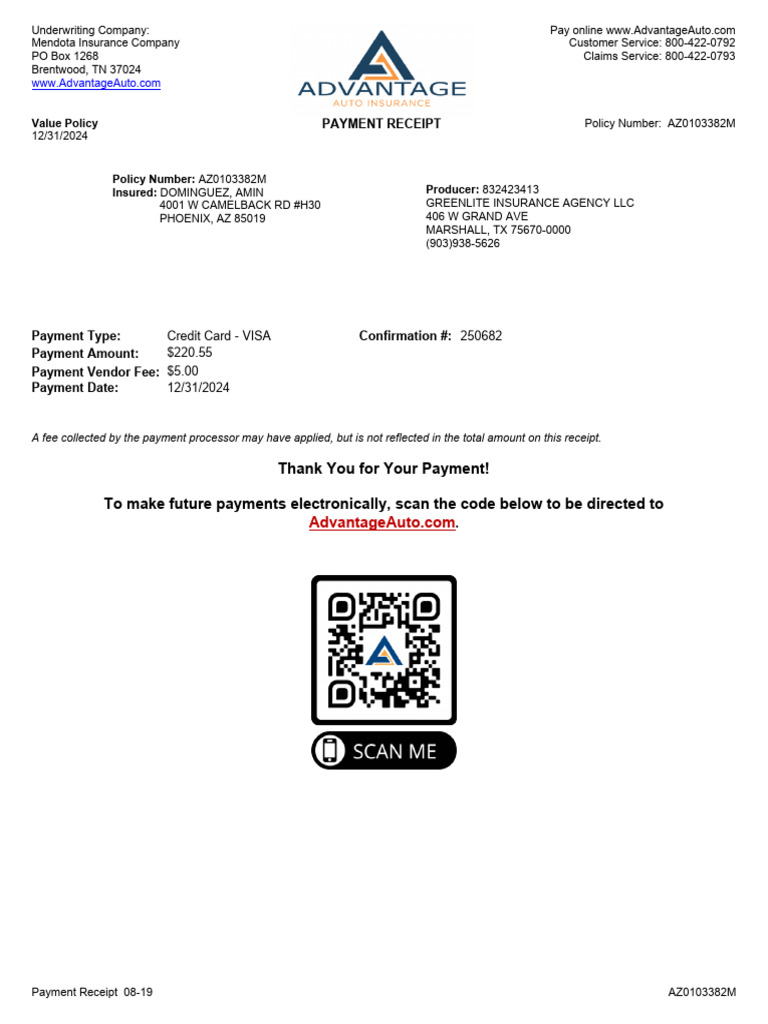Mendota Insurance Payment Receipt | PDF