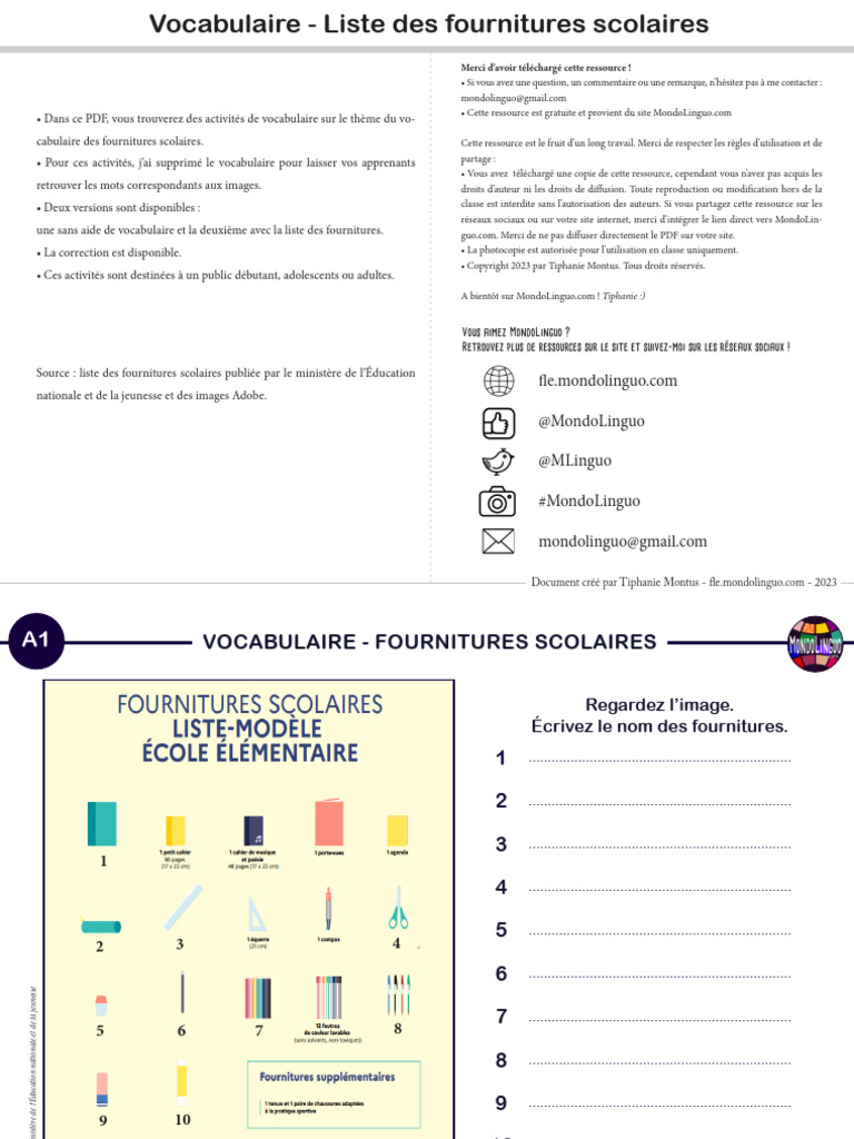 Activités Vocabulaire Fournitures Scolaires | PDF