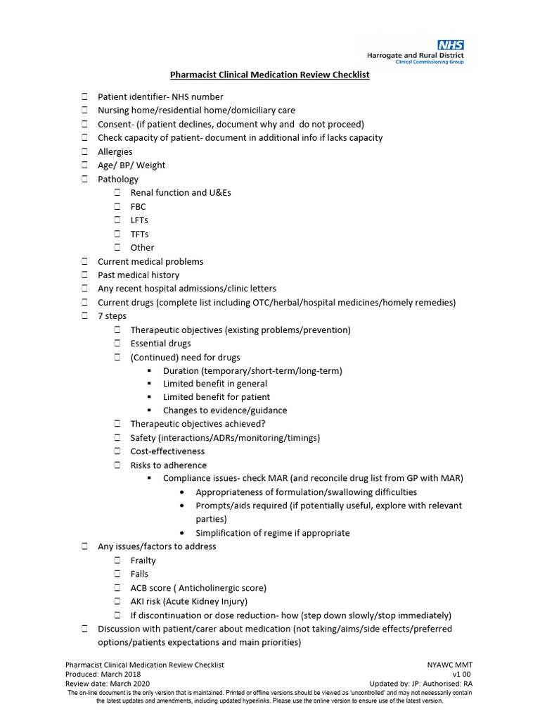 Pharmacist Clinical Review Checklist | PDF | Pharmacy | Clinical Medicine