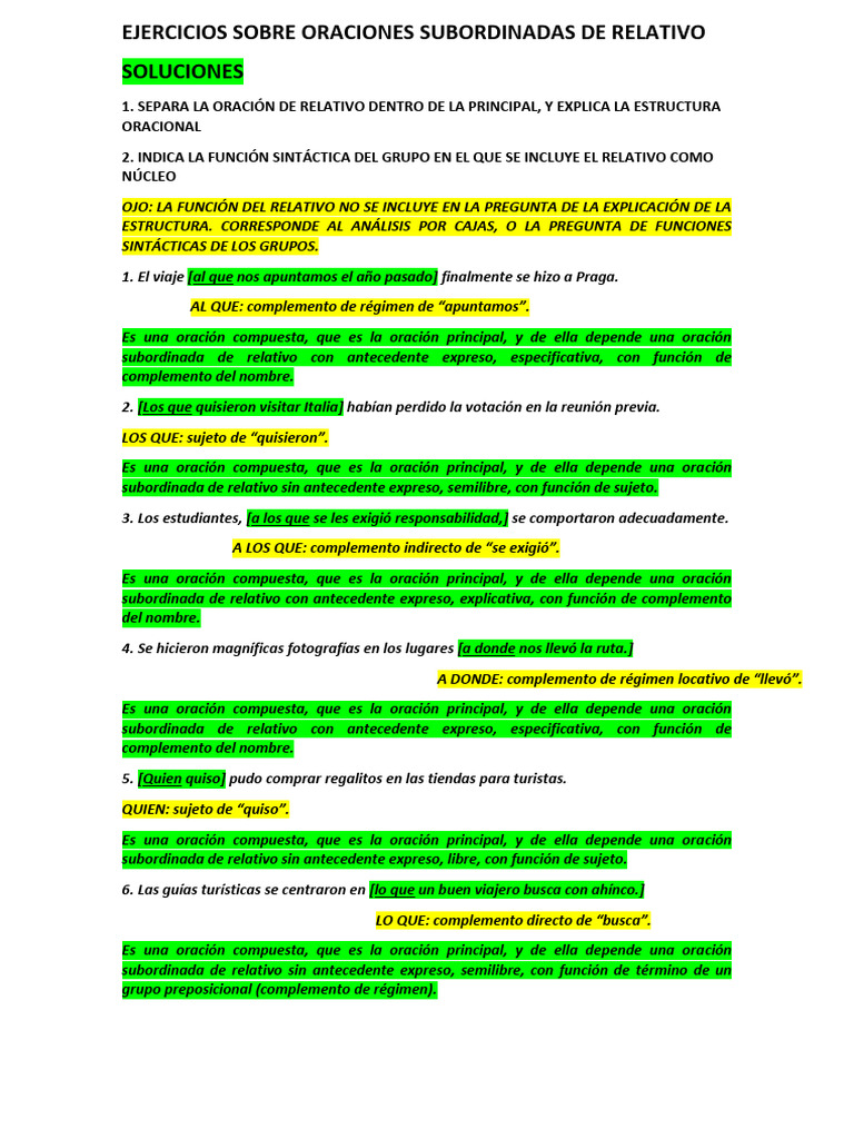 solucionados-EJERCICIOS SOBRE ORACIONES SUBORDINADAS DE RELATIVO | PDF ...