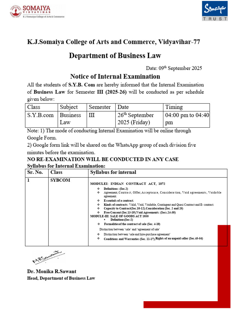 S.Y.B.Com Business Law Exam Notice 2025 | PDF