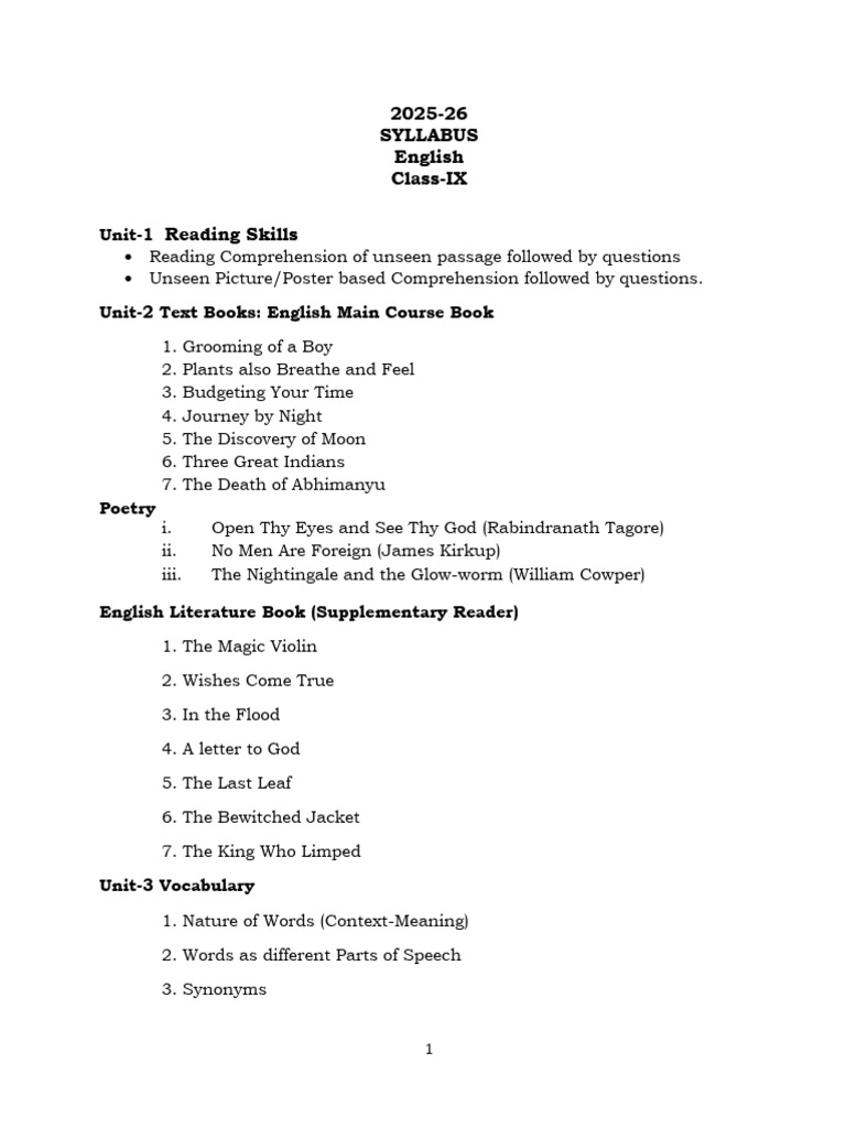 9th English Syllabus 2025-26 | PDF