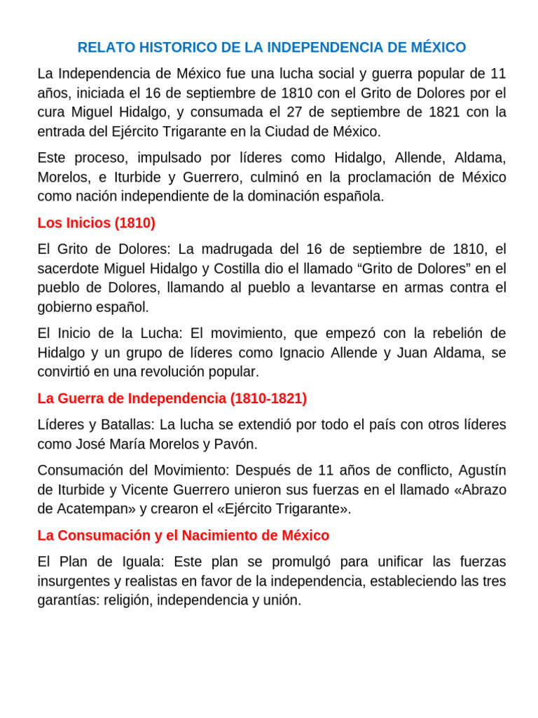 Relato Historico De La Independencia De México Pdf México Nueva