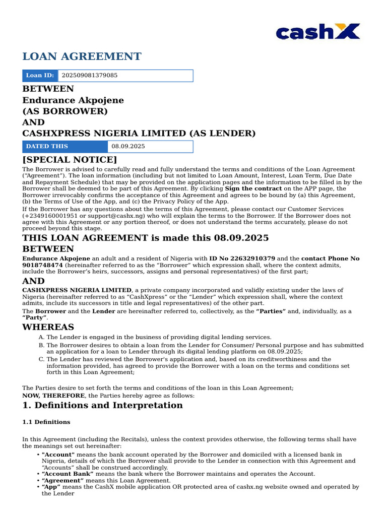 Loan Agreement Between Borrower and Lender | PDF | Loans | Debt
