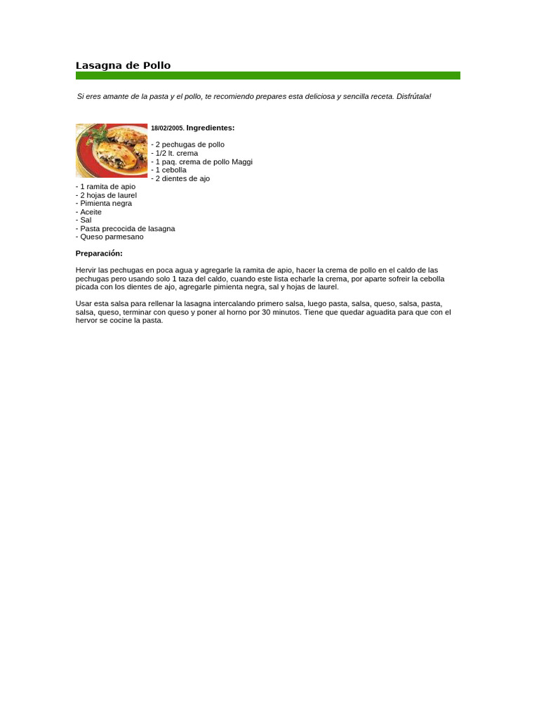 Lasagna de Pollo Fácil y Deliciosa | PDF