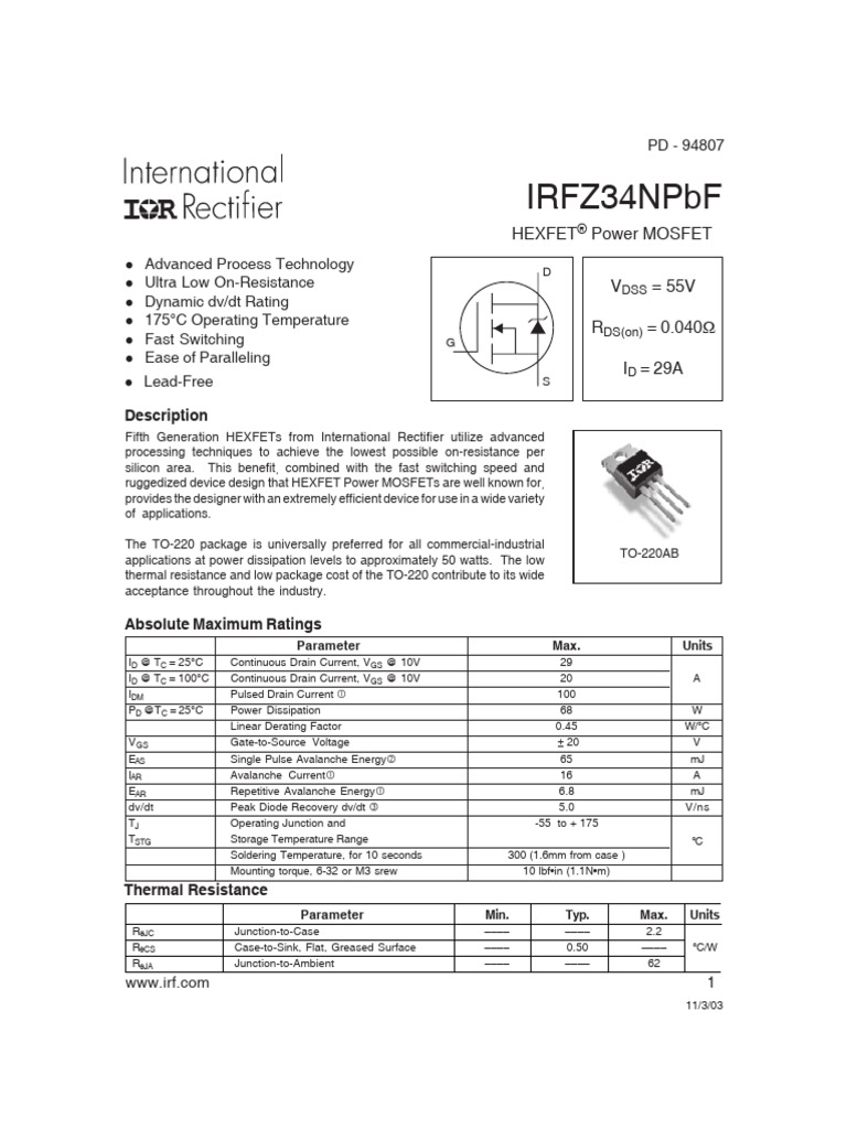 Infineon IRFZ34N DataSheet v01 01 En | PDF | Diode | Electrical Engineering