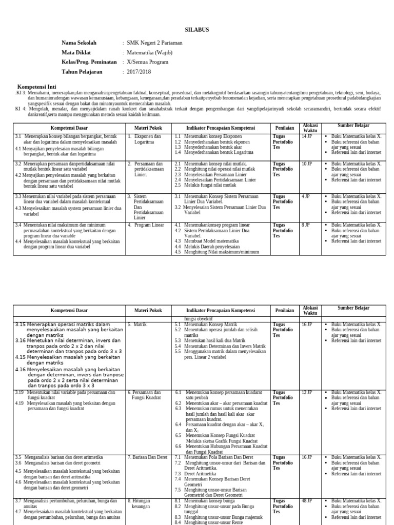 Silabus Matematika SMK Kls X 2017 | PDF
