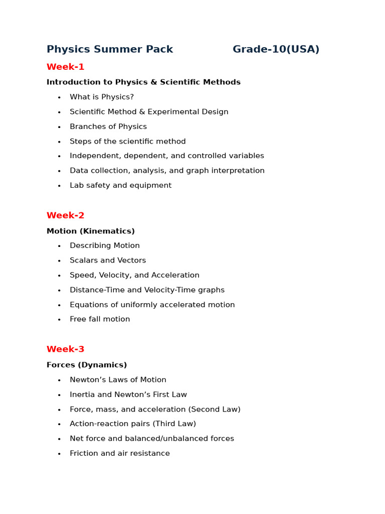 Grade 10 Physics Summer Curriculum | PDF