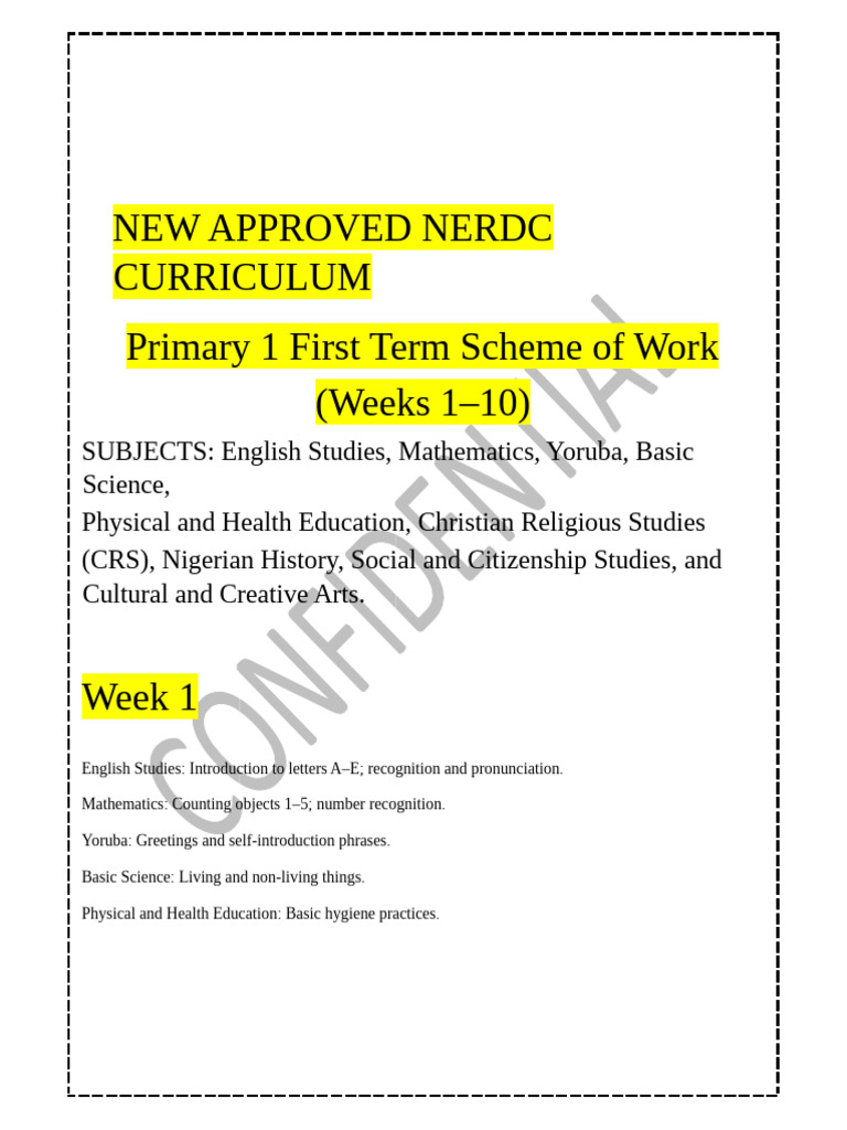 Primary 1 First Term Curriculum Guide | PDF | Science | English Language