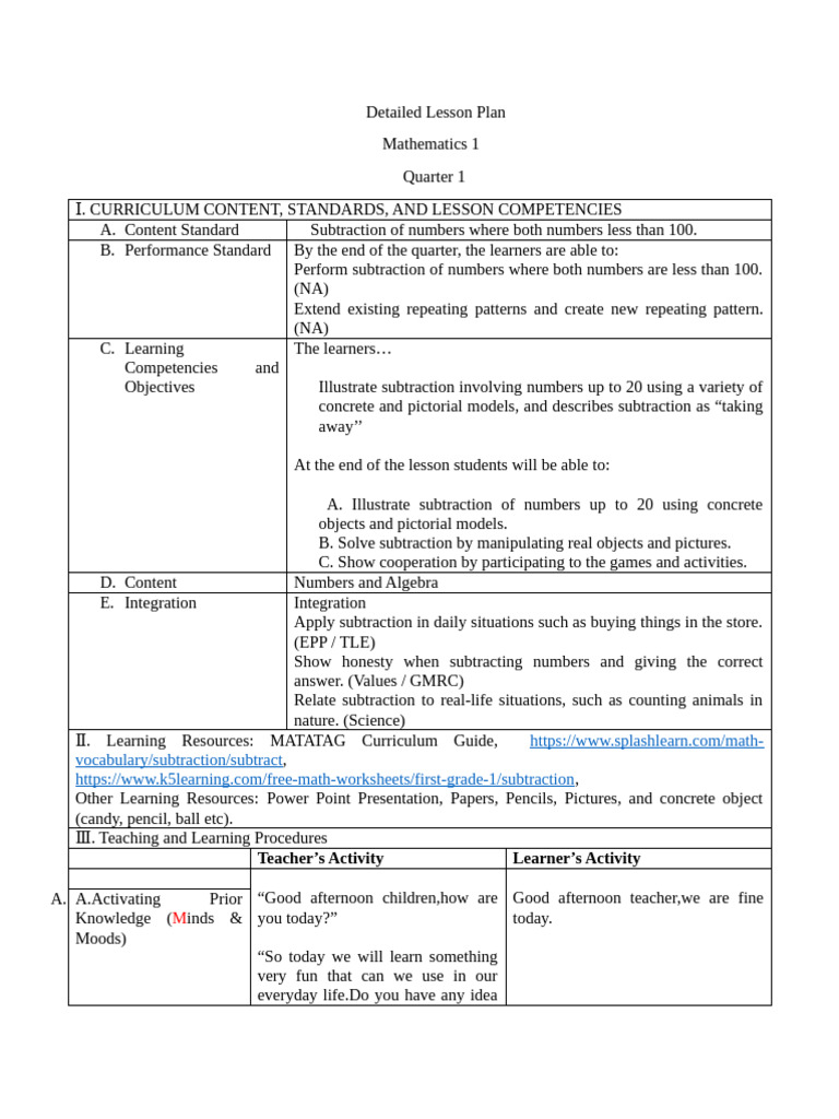 Detailed Lesson Plan in Math Carmela | PDF | Subtraction | Cognition