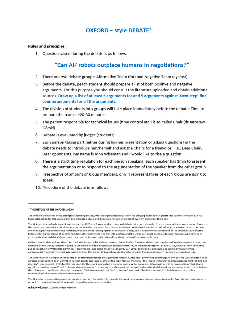 Oxford Style Debate On Robots in Negotiations | PDF